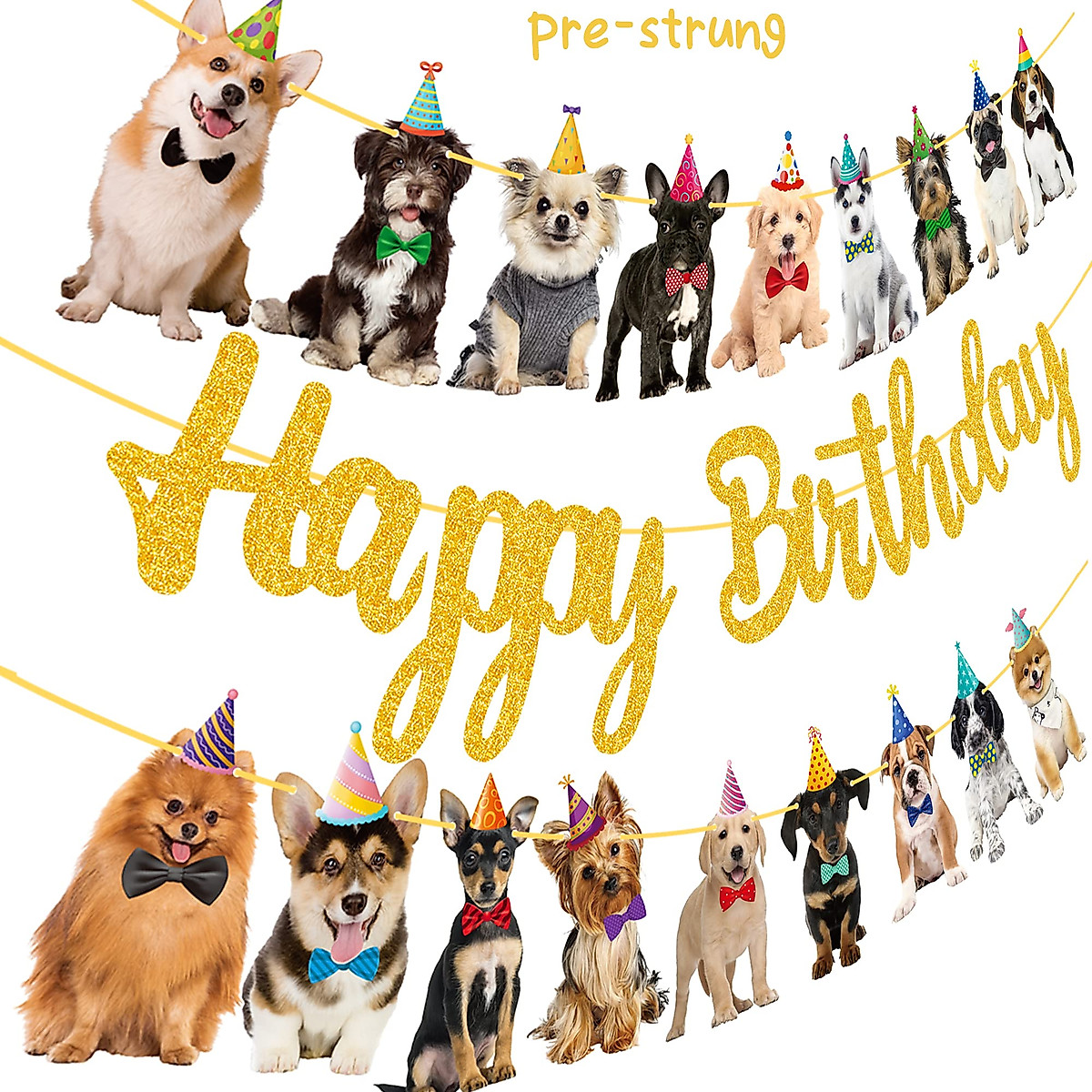 Dog Happy Birthday Banner Decorations Baby Dog Birthday Party Supplies Gold Glitter Puppy Birthday Banner Decorations for Pet Dog Theme Party Bunting Decoration Baby Shower Party Supplies