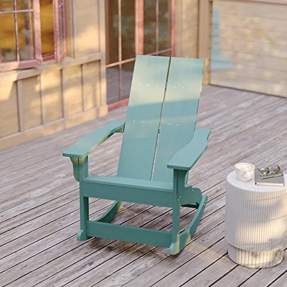 Flash Furniture Finn Modern Commercial Grade Poly Resin Wood Adirondack Rocking Chair - All Weather Sea Foam Polystyrene - Dual Slat Back - Stainless Steel Hardware