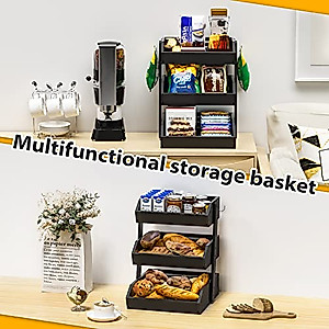 Gmtsl Bamboo Fruit Basket – 3 Tier Fruit Bowl For Kitchen Counter, Large Capacity Fruit Holder With 2 Banana Hangers, Idea For Fruit and Vegetable Storage, Bread Basket, Snack Organizer(BLACK)