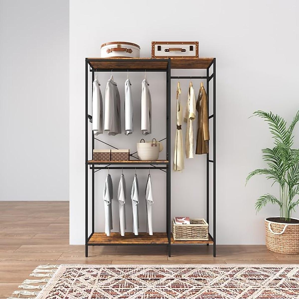 Wollmix Clothes Rack,Clothes Rack with Shelves,Freestanding Closet Organizer for Living Bedroom Room Kitchen Bathroom Entryway Office Storage Shelves Clothes Hanging Rack,Rustic Brown