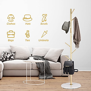 Snaikor Metal Coat Rack with Natural Marble Base, Modern Coat Rack Freestanding, Sturdy Coat Tree Stand, Golden Hall Tree for Jacket Hat Bag Entryway