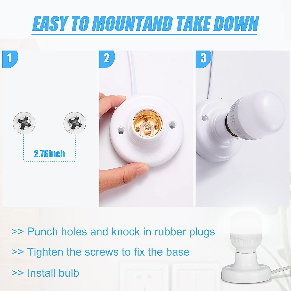 1 Pcs 9.84 ft Light Socket with Cord E26/ E27 Light Bulb Socket with On/Off Switch Hanging Light Cord Extension,for Garage Installation Lighting (1)