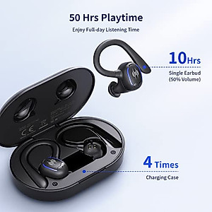 PSIER Wireless Earbuds Bluetooth Headphones 50H Playtime Ear Buds 5.3 Dual Power Display Sports with Earhooks IPX7 Waterproof Mic Over-Ear Earphones for Running, Gym