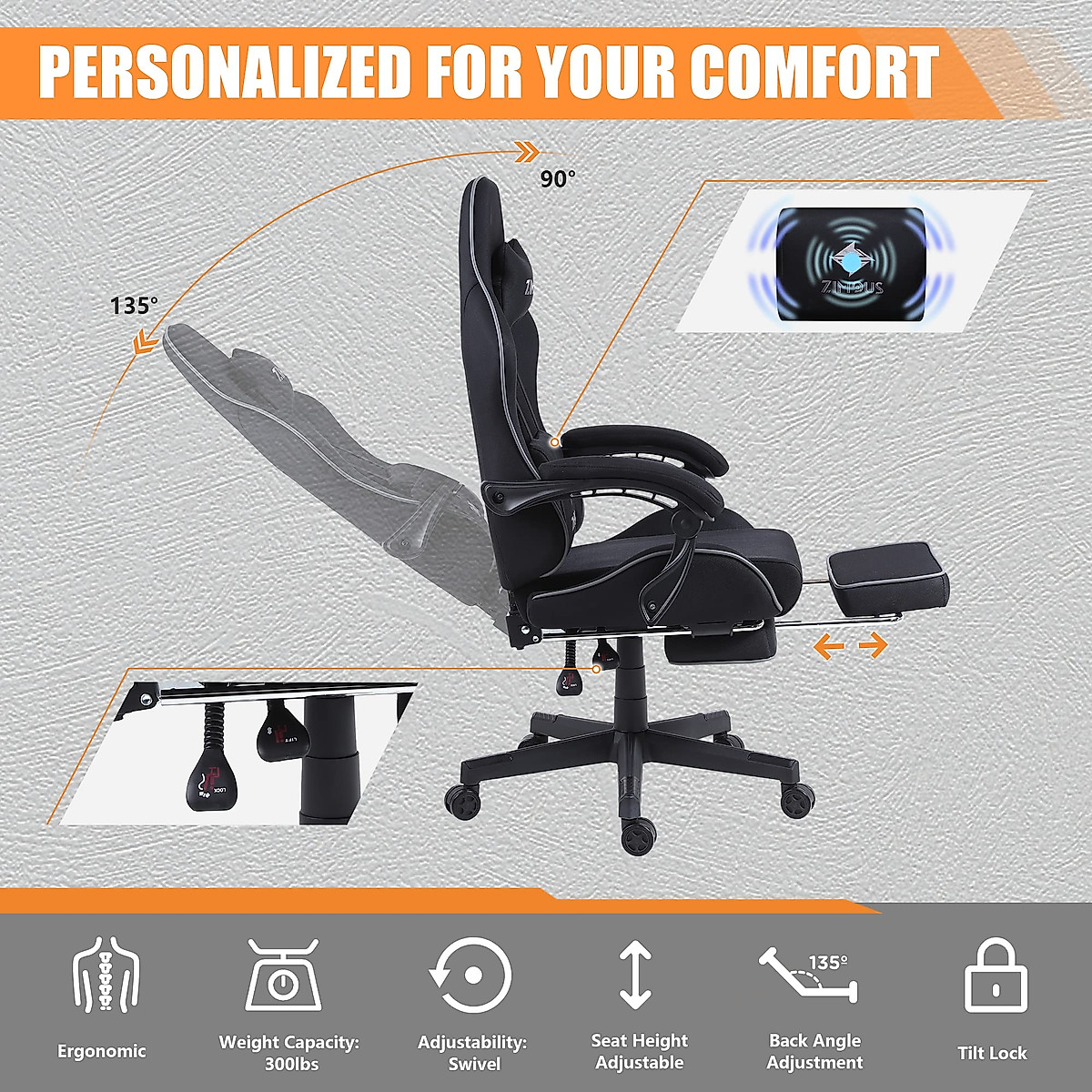 Zimous Gaming Chair Fabric Game Chair with Pocket Spring Cushion Office Massage Chair Breathable Reclining Computer Chair with Footrest Adjustable Ergonomic Gamer Chair 290LBS (Black)