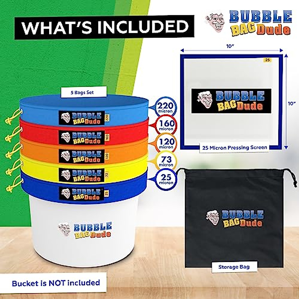 BUBBLEBAGDUDE Bubble Bags 5 Gallon 5 Bags Set - Herbal Ice Bubble Bag Essence Extractor Kit - Plant & Herb Extraction Bubble Bags with 10 x 10” Pressing Screen & Storage Bag (220 to 25-Micron Bags)