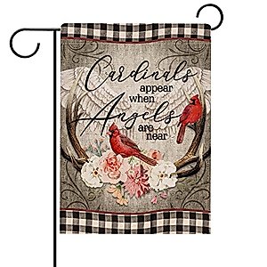 Hzppyz Cardinals Appear When Angels are Near Spring Peony Flower Home Decorative Garden Flag, Buffalo Plaid House Yard Red Bird Double Sided, Outside Decoration Farmhouse Outdoor Small Decor 12x18