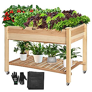 VIVOSUN Raised Garden Bed, 46 x 24 x 32 Inches Mobile Elevated Planter Box with Lockable Wheels, Storage Shelf, and Protective Liner for Outdoor Use