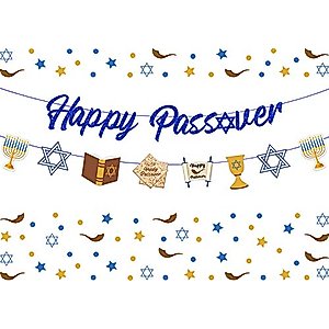 JOYMEMO Happy Passover Banner Glitter Passover Party Decorations - Bunting Garland with 8 Pesach Cutouts for Passover Seder, Jewish Holiday, Hanukkah Home Decor