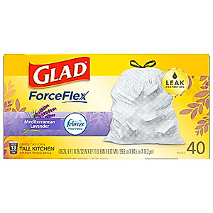 GLAD ForceFlex Tall Drawstring Trash Bags, 13 Gallon White Trash Bags for Tall Kitchen Trash Can, Mediterranean Lavender with Febreze Freshness to Eliminate Odors, 40 Count