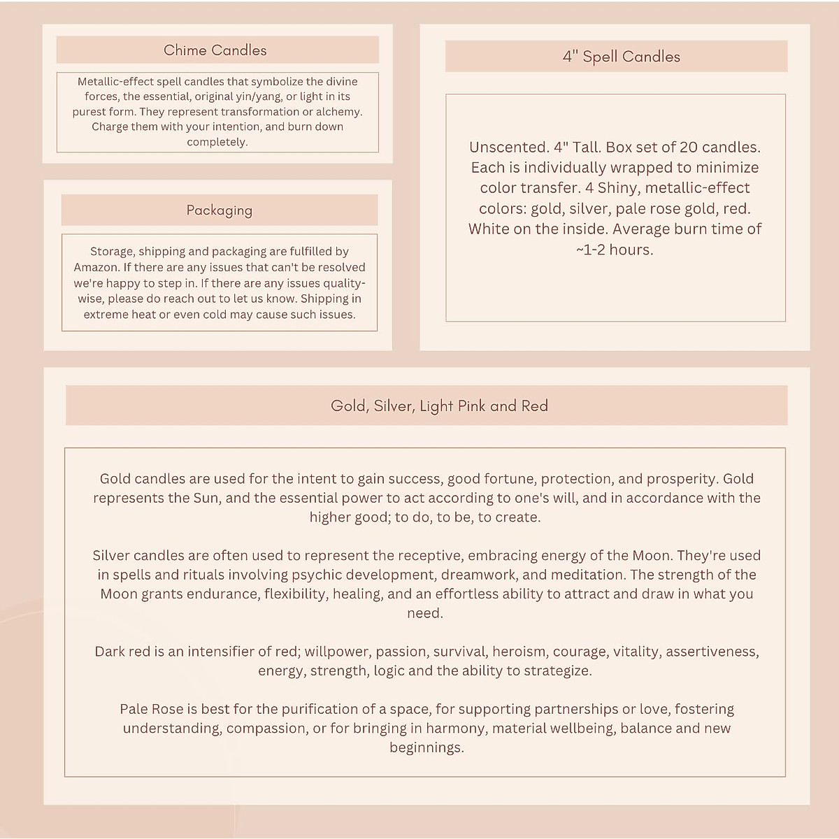 Chime Spell Candles - Metallic Gold Silver Altar Chime Candles, Shiny Candle Set, Elemental Spell Work, Metallic Colored 4" Spell Candles, Rose Gold Red Foil