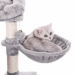 BEWISHOME Cat Tree Condo with Sisal Scratching Posts, Plush Perch, Dual Houses and Basket, Cat Tower Furniture Kitty Activity Center Kitten Play House, Light Grey MMJ06L