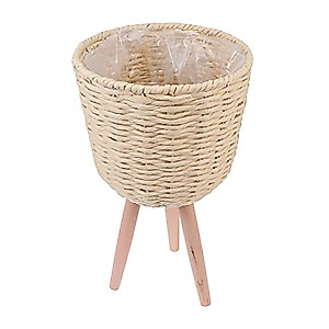 SECFOU 1Pc Rattan Floor Planter Rubbish can Outdoor pots Woven Belly Basket Plant Basket planters for Indoor Plants Seagrass Waste Basket Plant Stand Boho vase Plastic Household Plant Pot