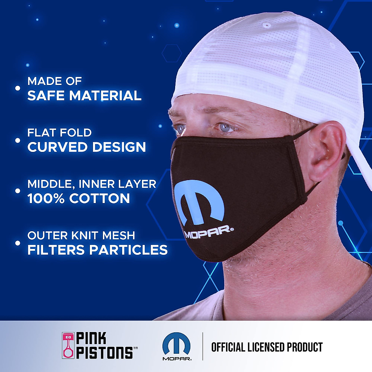 PINK PISTONS Mopar Mask Classic Breathable Face Masks & Dust Cover w/Outer Knit Mesh Filter & Adjustable Soft Elastic Earloops - Inner & Middle Cotton Layer - Protective Washable & Reusable