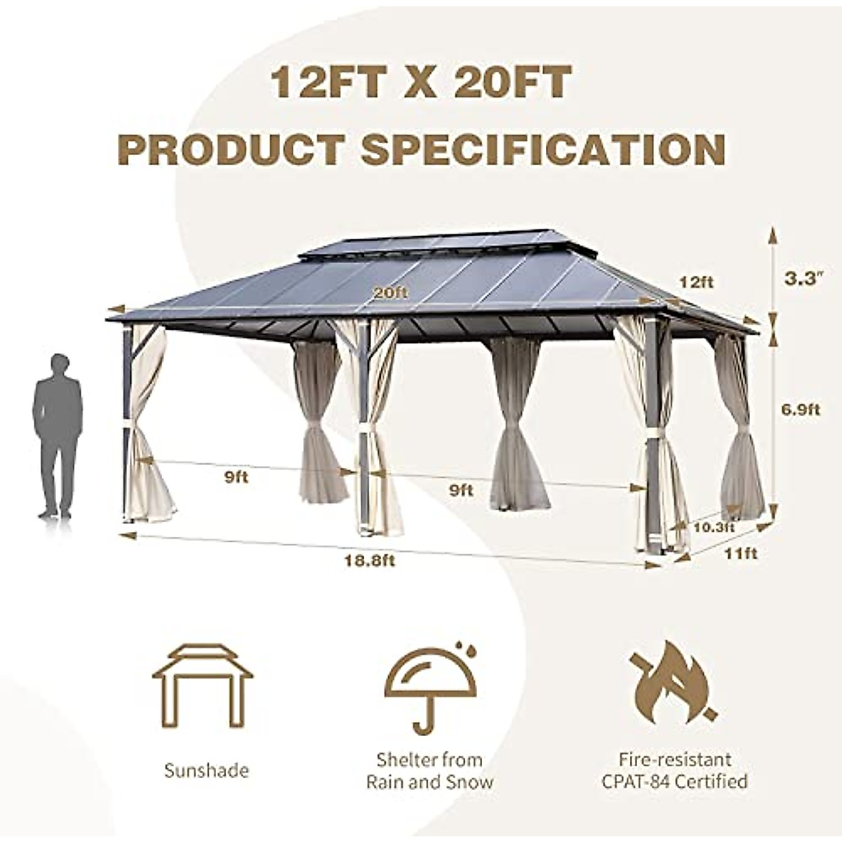MELLCOM 12x20ft Hardtop Gazebo, Permanent Outdoor Patio Gazebo with Double Aluminum Composite Roof for Patio Lawn and Garden, Curtains and Netting Included