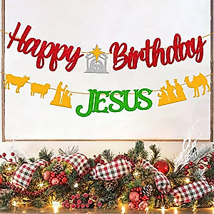 Happy Birthday Jesus Banner for Christian Winter Merry Chritmas Garland Jesus's Bday Party Supplies Gold and Green Decorations