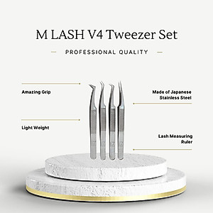 M LASH V4 - Stainless Steel Precision Eyelash Tweezers - Professional Grade Lash Applicator Tool for Meticulous Eyelash Extensions (Silver)
