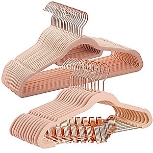SONGMICS 50 Velvet Coat Hangers Bundle with 24 Pants Hangers, Rose Gold Hooks, Space-Saving Closet Organizers for Pants, Skirts, Dresses, Jackets, Light Pink UCRF21PK50 and UCRF14PK24