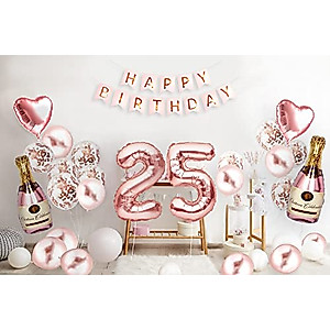 25th Birthday Party Decorations for Her Rose Gold Supplies Big Set with Birthday Banner and 25 BDay Digit Balloons for Women Including Latex and Confetti Balloons
