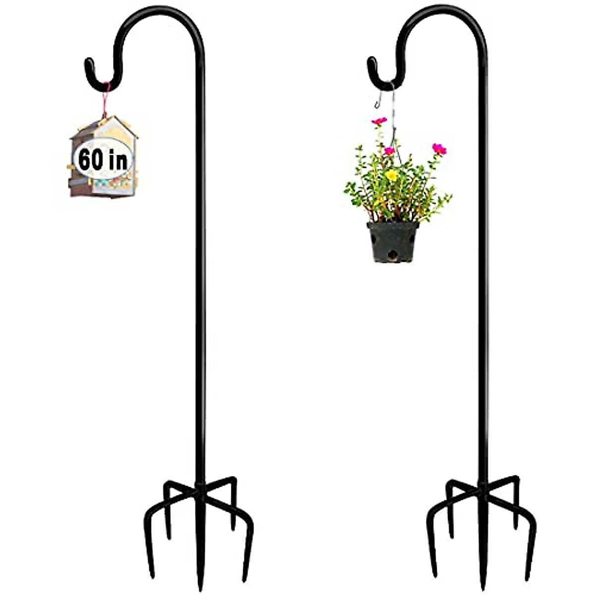 Artigarden 60 inch Outdoor Shepherd Hook with 5 Prong Base (2 Packs), Adjustable Heavy Duty Garden Hanging Stake for Bird Feeder Solar Light Plant Hanger Wedding Decor, Matte Black