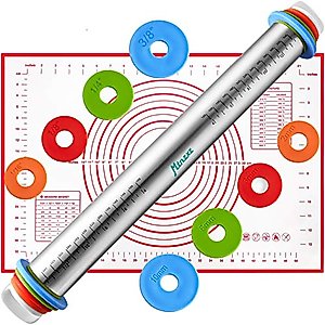 Rolling Pin and Silicone Baking Pastry Mat Set, Stainless Steel Dough Roller, Rolling Pins with Adjustable Thickness Rings, for Baking Dough, Pizza, Pie, Pastries, Pasta, Cookies