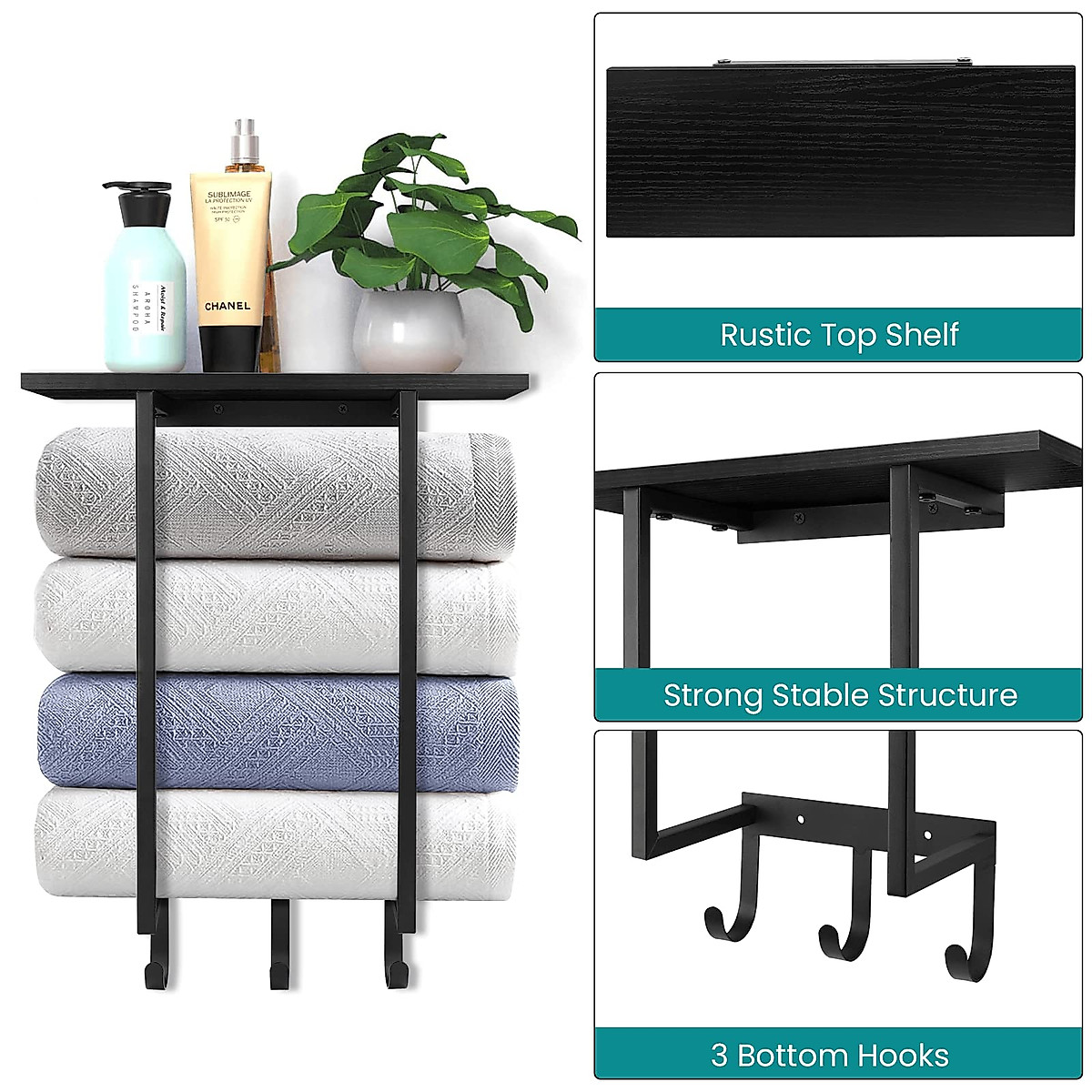 ELITEROO Towel Holder for Bathroom Wall, Towel Rack with Shelf and Hooks, Hanging Towel Organizer for Small Bathroom Storage, Wooden Rolled Towel Shelf for RV, Camper, Black