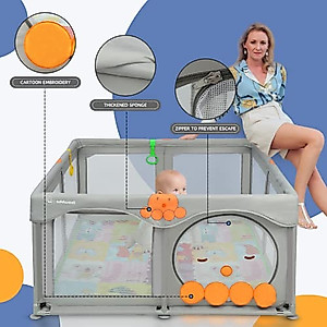 Addweet Baby Playpen for Babies and Toddlers, Cartoon Large Play Yard for Baby with Mat, Safety Playpen for Baby, Baby Play Area Indoor & Outdoor, Octopus, 50”×50” (Grey)