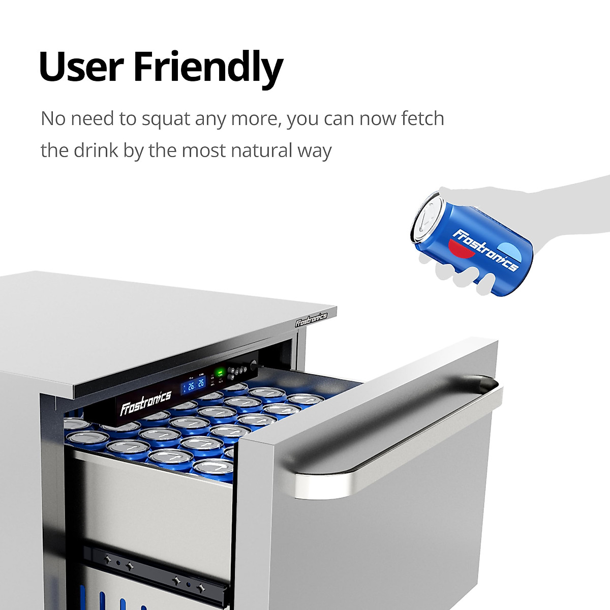 Frostronics 24 Inch Outdoor Drawer Beverage Refrigerator, 186 Can Outdoor Drawer Beverage Cooler with Dual Mode Lock, 5.47 cu. ft. Drawer Refrigerator for Patio, 26-50°F, SUS304, ETL & NSF7 Certified