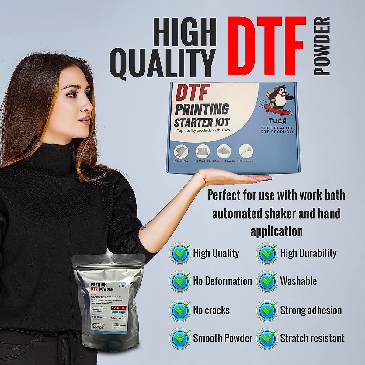 Tuca DTF Powder and Transfer Film for DTF Sublimation Printer, 500G/1.1 lbs White Digital Hot Melt Adhesive applies to All DTF Transfer Printers for Digital Prints on T-Shirts Textile A4/A5 20 Sheets