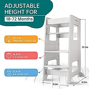 Kitchen Step Stool, WOOD CITY Toddler Kitchen Stool Helper with Safety Rail, Height Adjustable Child Standing Tower Learning Stool for Kitchen Counter and Bathroom Sink (White)