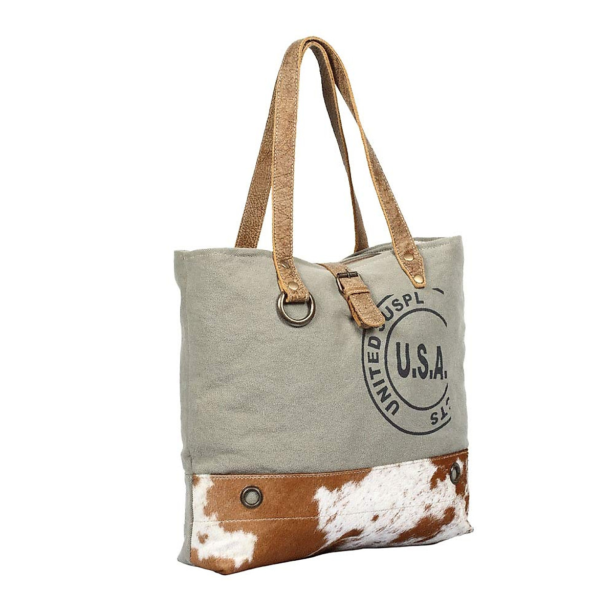 USA Stamp Upcycled Canvas and Hair-On Leather Tote Bag