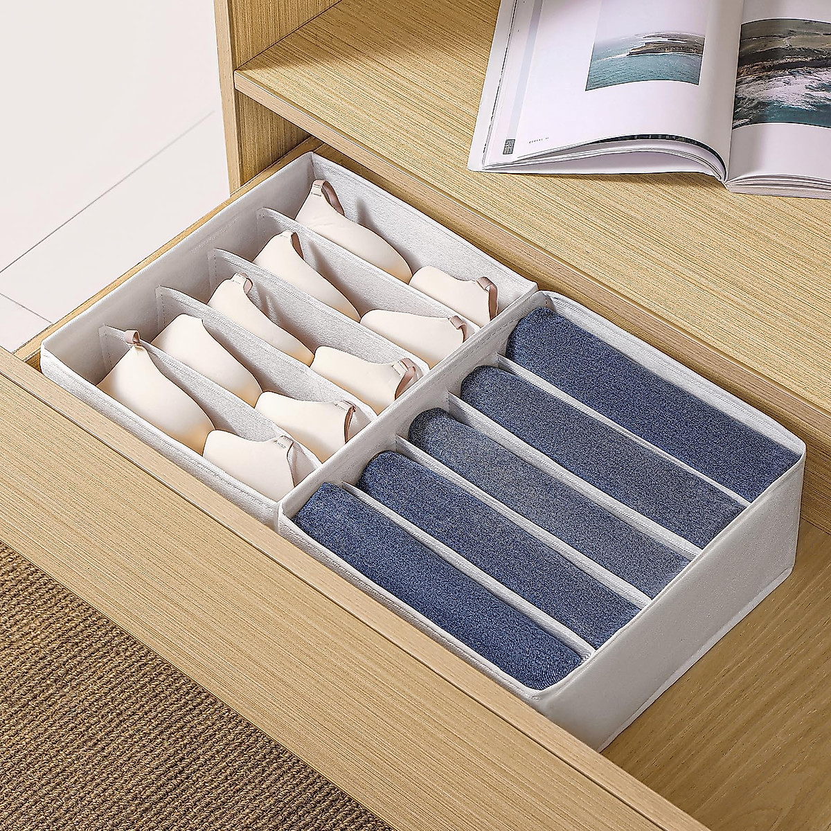 Coorganisers 4 Packs Jeans Drawer Organizers for Clothing,5 Grids Compartment Wardrobe clothes organizer,Fabric Washable Closet Organizers and Storage Bins for Jeans,Pants,Bra,Legging,t-shirt-White