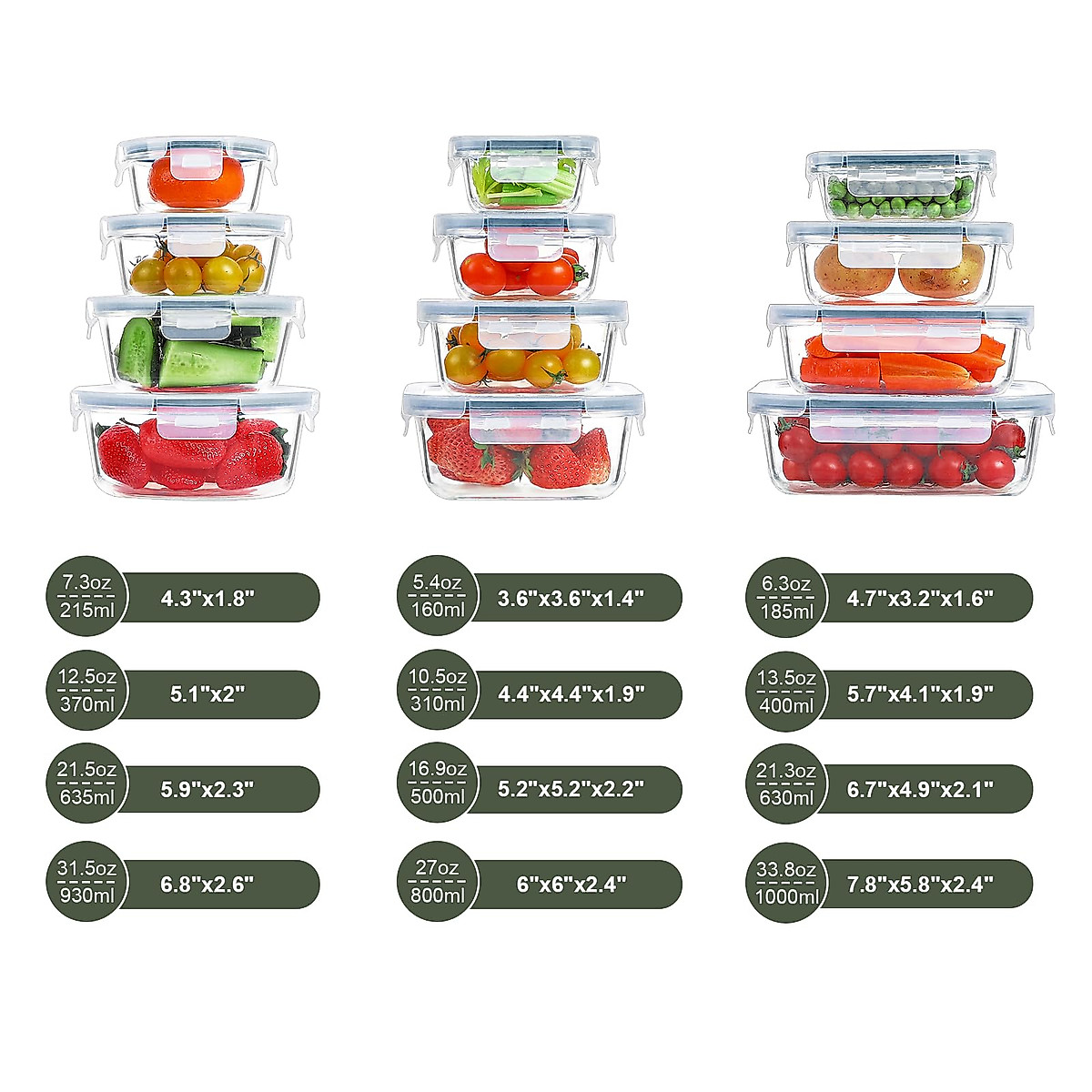 BAYZZ Glass Food Storage Containers Set, 24 Pieces Airtight Glass Meal Prep Containers with Lids,Microwave and Freezer Safe