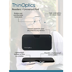 ThinOptics Keychain Case and Readers Rectangular Reading Glasses, Black,Lens Width: 44.45 Millimeters
