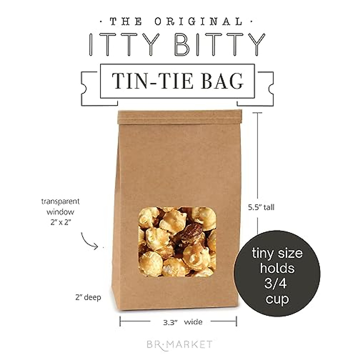 BRMARKET Small Square Window Kraft Paper Bags | 3.3 x 5.5 x 2 Inches Treat Cookie Bags with Tin Tie Closure | 50 Pcs (Disposable, Single Layer Paper, Kraft Brown)