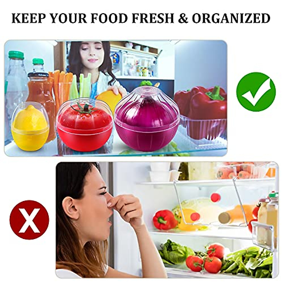 Vegetable and Fruit Storage Containers for Fridge, 3 Pieces BPA Free Reusable Food Saver - Tomato, Lemon, Onion Keeper Holder - Refrigerator Vegetable Crisper for Making Food Stays Fresh Longer