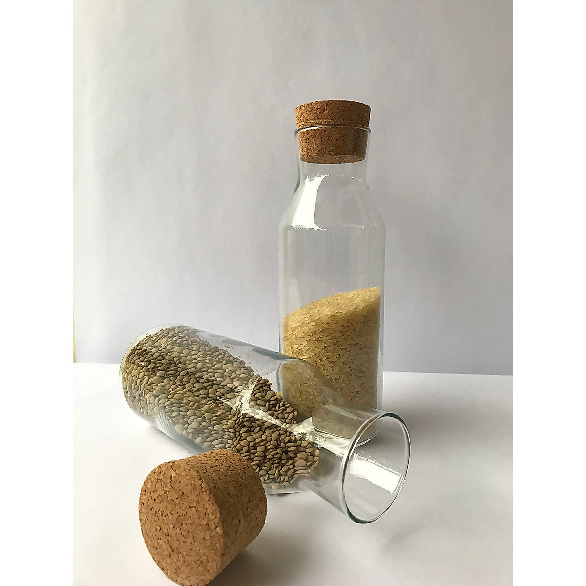 2 Clear Glass Carafe (34 Oz) With Cork Stopper - Hot and Cold Water Pitcher – Tea - Coffee Maker - Iced Tea - Wine Carafe - Juice Carafe - Glass Food Carafe - Cereal - Rice - Lentil - Beans.