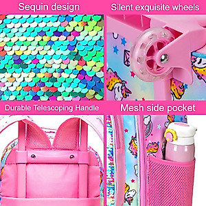 AGSDON 3PCS Rolling Backpack for Girls, Kids Roller Wheels Bookbag, Wheeled School Bag with Lunch Bag - Unicorn