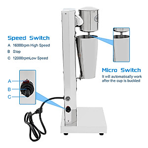 Gbonklong 180W Electric Milkshake Maker, 110V 18000RMP Commercial Stainless Steel Drink Mixer Machine Smoothie Malt Blender with 2 Speed Adjustable, Commercial Stand Milkshake Maker (Single Head)