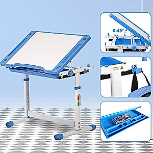 Kids Desk and Chair Set Adjustable Height Ergonomic Children's Table with Storage Drawer Kids Study Homework Desk Table for 3-15 Kids (Blue)