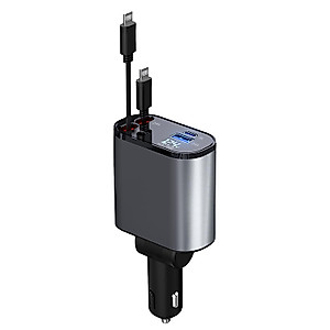 Retractable Car Charger, 4 in 1 Fast Car Phone Charger 66W, 2 Retractable iPhone Cables and USB Car Charger,Compatible with iPhone 15/14/13/12/11,Galaxy,Pixel