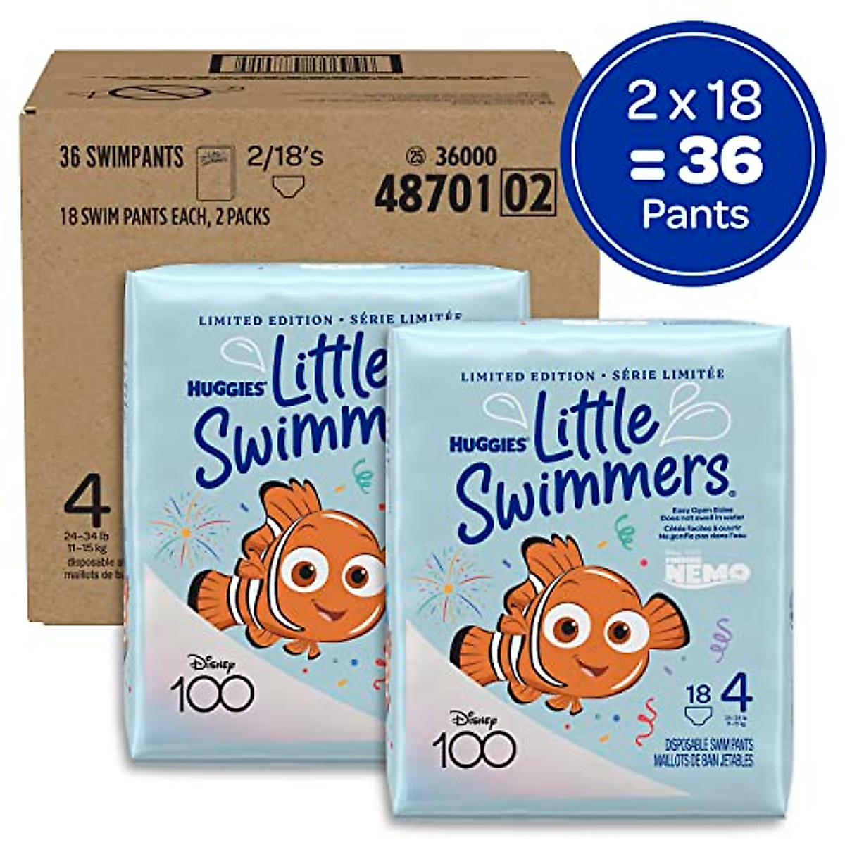 Huggies Little Swimmers Disposable Swim Diapers, Size 4 - Medium (22-37 lbs), 36 Ct (2 packs of 18), Packaging May Vary