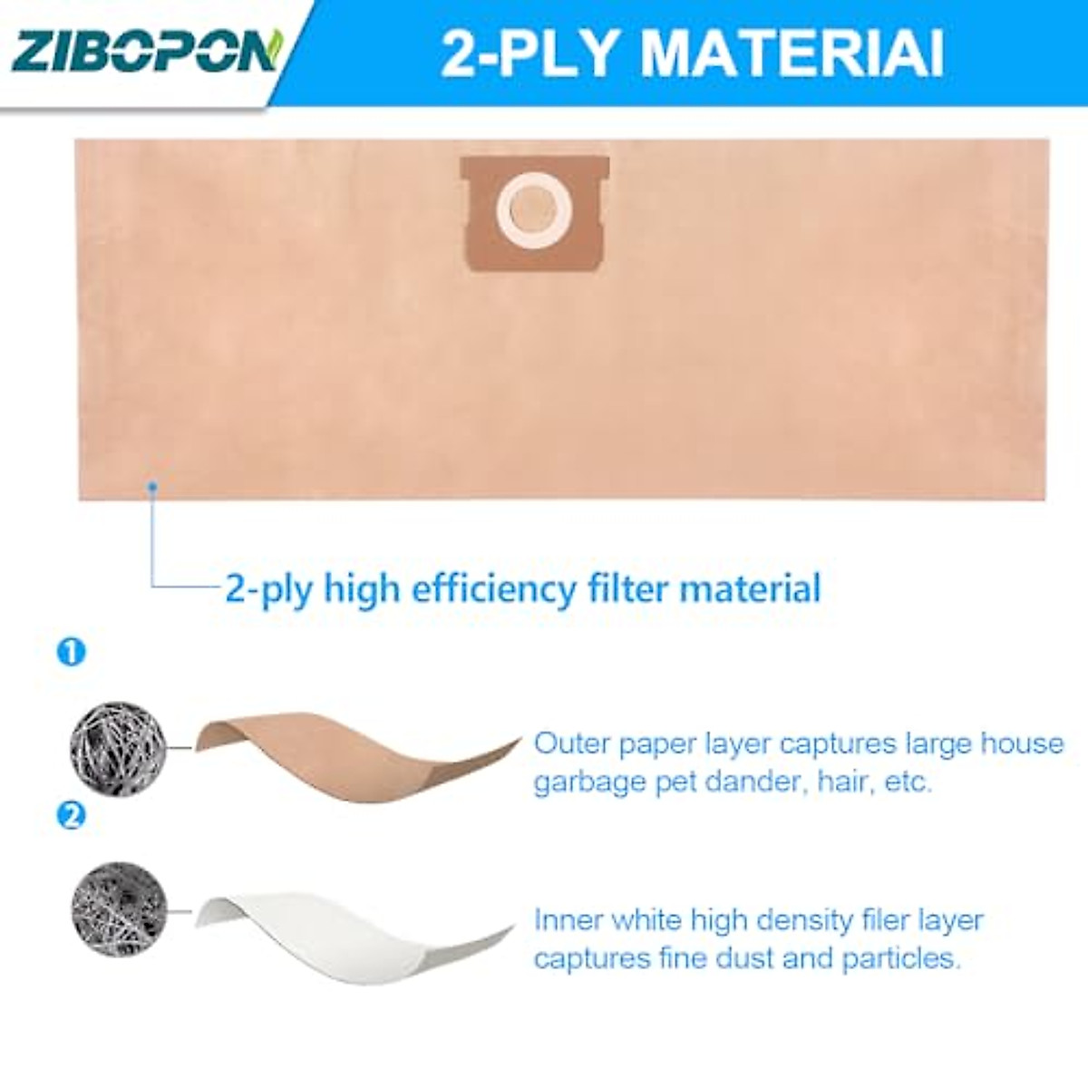 Zibopon 19-3100 Disposable Filter Bags Compatible with Stanley 5-6 Gallon Wet/Dry Vac: SL18115, SL18115P, SL18116, SL18116P, 2 Reusable Filters & 1 Retaining Band(8 Pack)