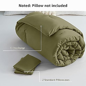 CozyLux Olive Green Comforter Set King Size, 3 Pieces Solid Breathable Quilted Style Bedding Sets, Luxury Fluffy Soft Microfiber Comforter for All Season(1 Comforter & 2 Pillowcases)