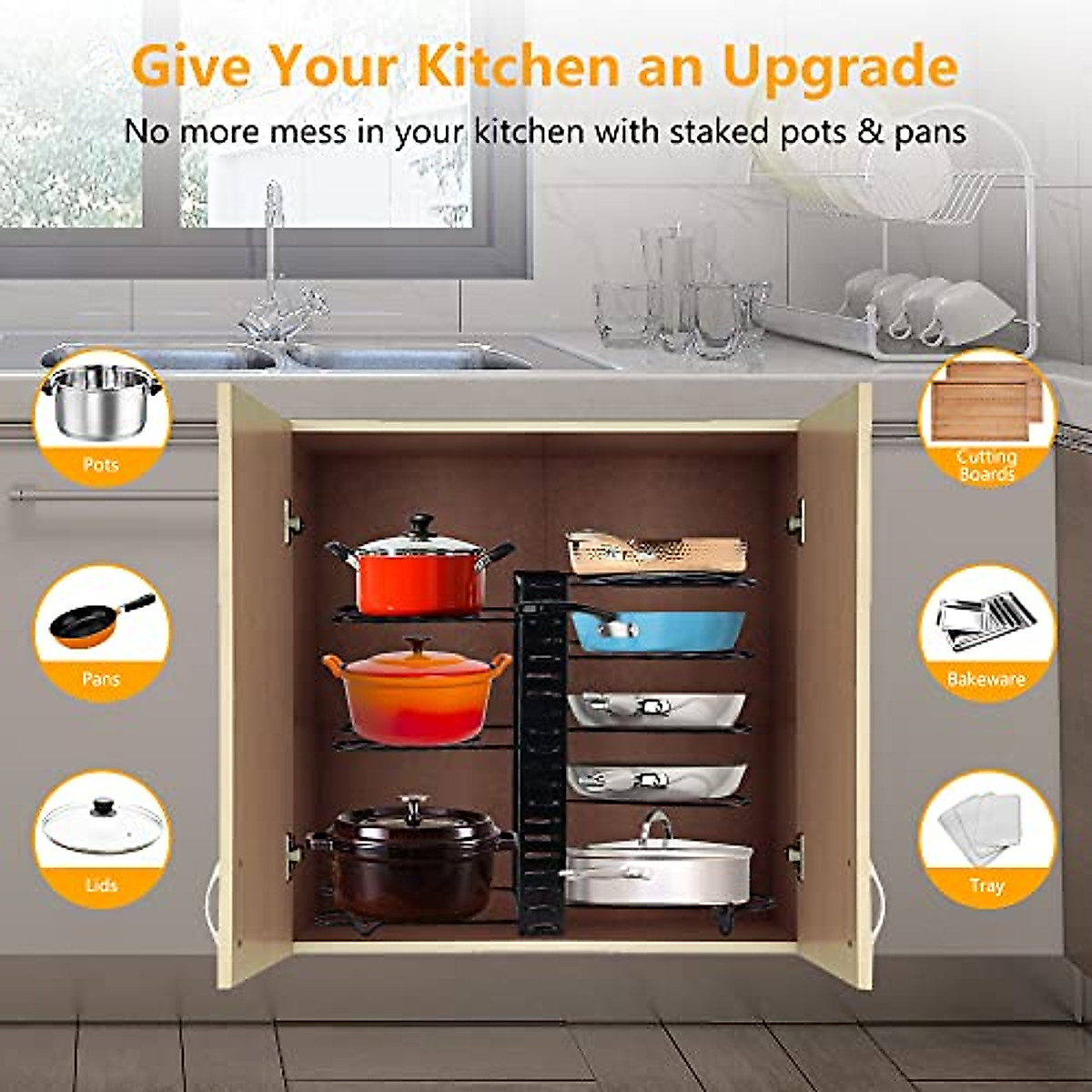 XSUPER Pots and Pans Organizer for Cabinet, Adjustable 8 Tier Pot Rack Organizer with 3 DIY Methods, Kitchen Pan Organizer Rack for Under Cabinet, Pot Lid Holder for Kitchen Organization & Storage