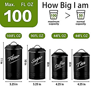 Hillbond Food Storage Canisters Containers for 4, Vintage Kitchen Canisters, Carbon Steel with Powder Coated Coffee Tea Sugar Flour Farmhouse Kitchen Canisters Set of 4(Black)