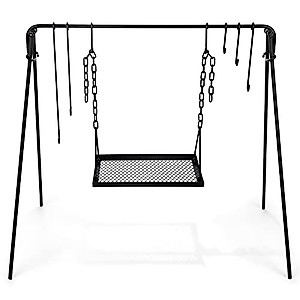 Bruntmor Grill Swing Campfire Cooking Stand BBQ Grill for Cookware & Dutch Oven Adjustable Collapsible Legs with Hooks & Accessories & Carrying Case Black
