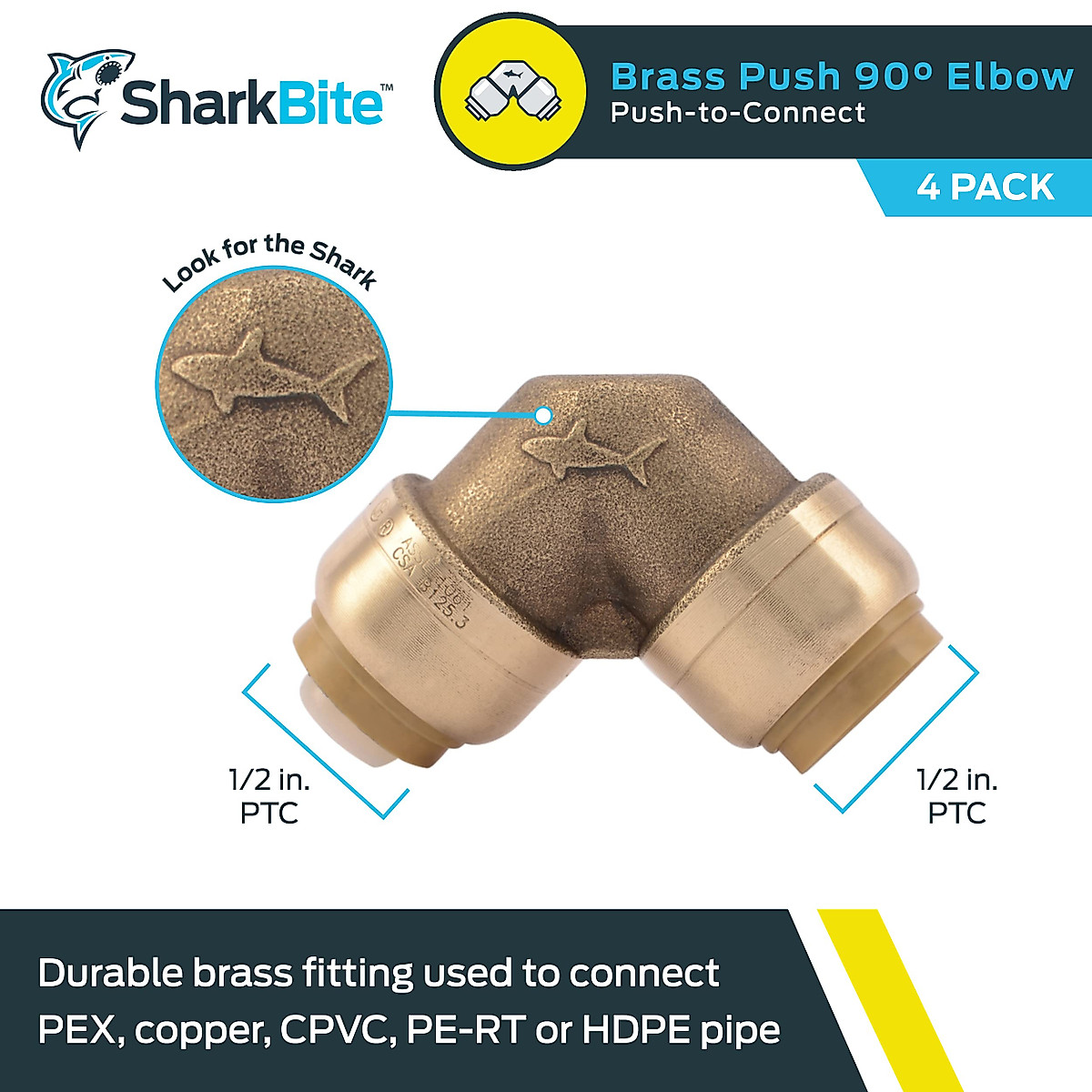 SharkBite 1/2 Inch 90 Degree Elbow, Pack of 4, Push to Connect Brass Plumbing Fitting, PEX Pipe, Copper, CPVC, PE-RT, HDPE, U248LFA4