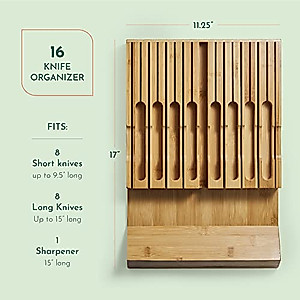 High-Grade 100% Bamboo Knife Drawer Organizer - 16 Knife Slots Plus a Sharpener Slot, Knife Organizer for Kitchen Organization, Durable, Secured, Practical, Eco-Friendly, Knife Block without Knives.