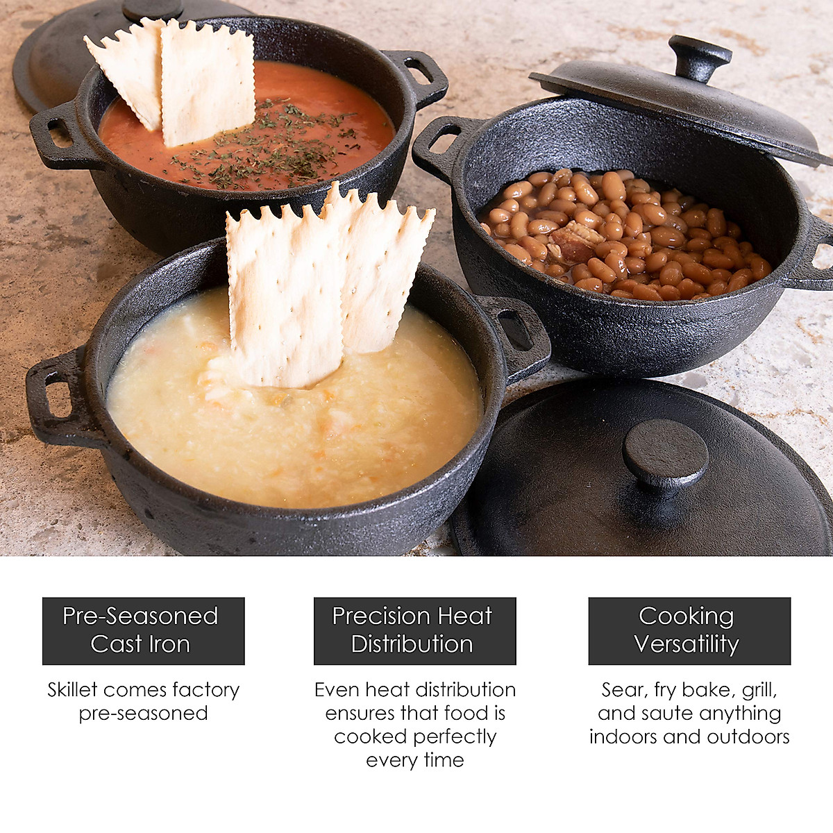 Heavy Duty Pre Seasoned Mini Cast Iron Dutch Oven Set of 3, Oven Safe Cooker, Black