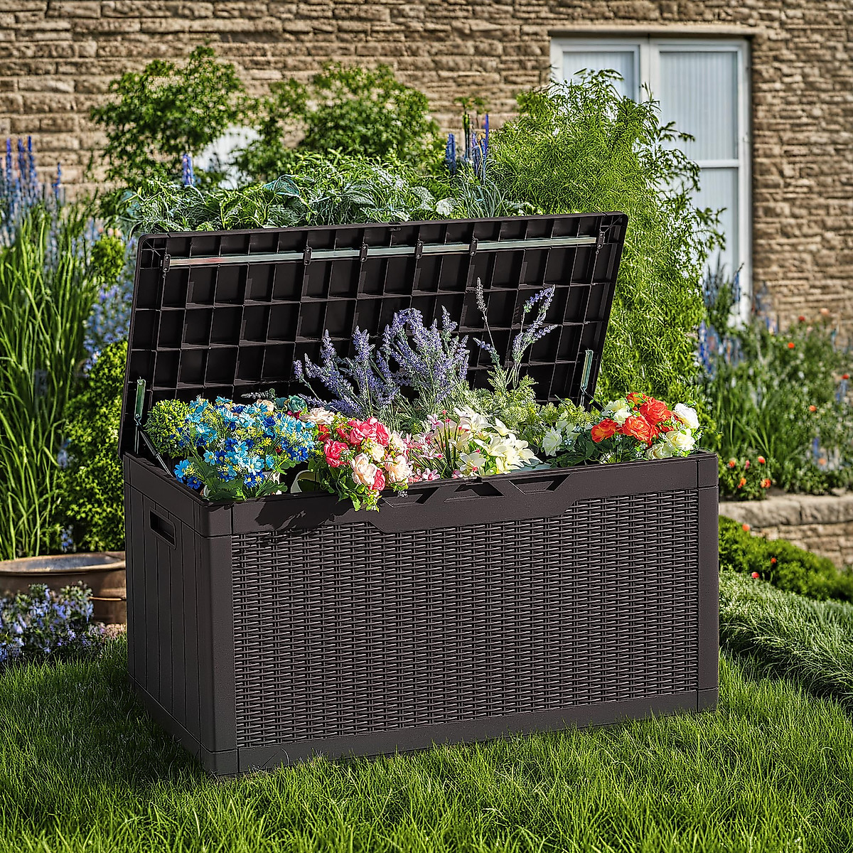 Devoko 97 Gallon Deck Box, Waterproof Resin Outdoor Storage Box for Outside and Patio, Large Outdoor Storage Bench Cabinet Lockable for Patio Furniture, Garden Tools and Pool Supplies (Deep Brown)
